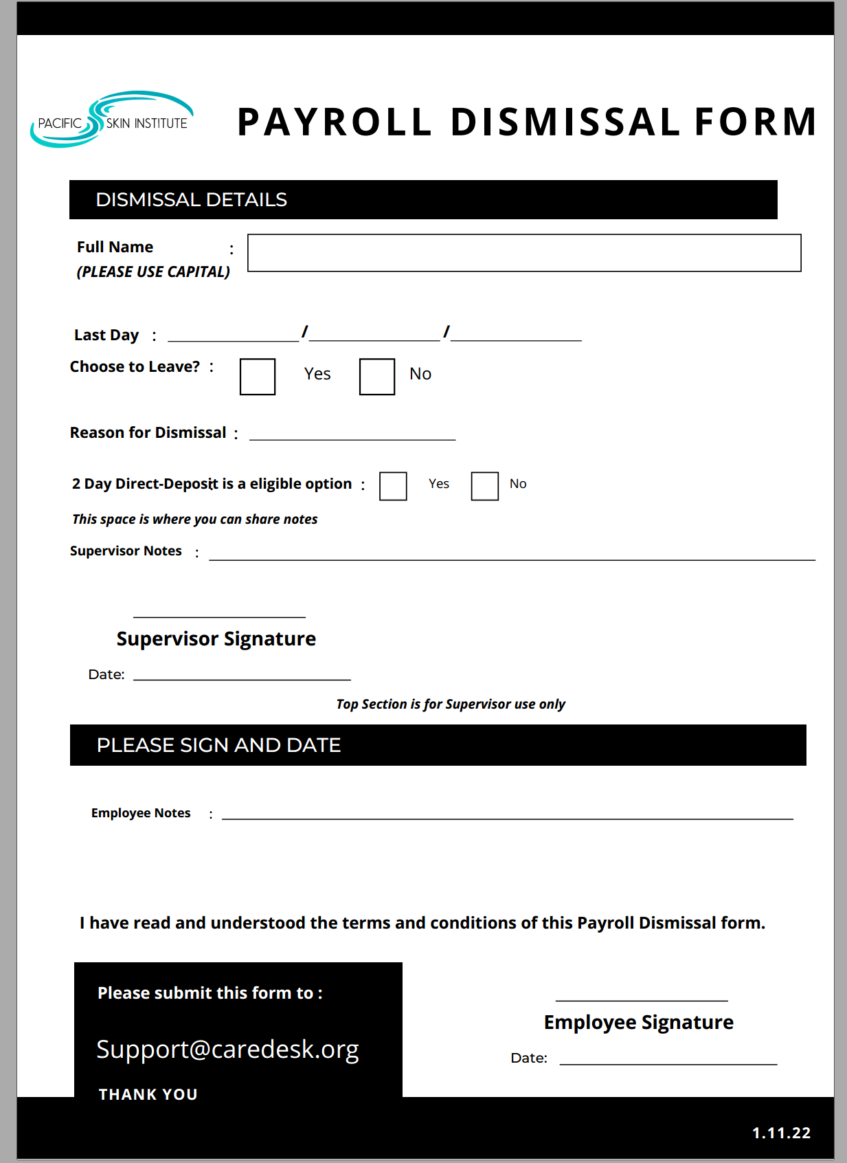 Payroll Dismissal Form – CareDesk